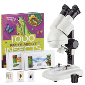 amscope 20x-50x portable angled head stereo microscope w/deluxe 6pc 3d insect specimen kits, nat geo insect book and optional digital camera