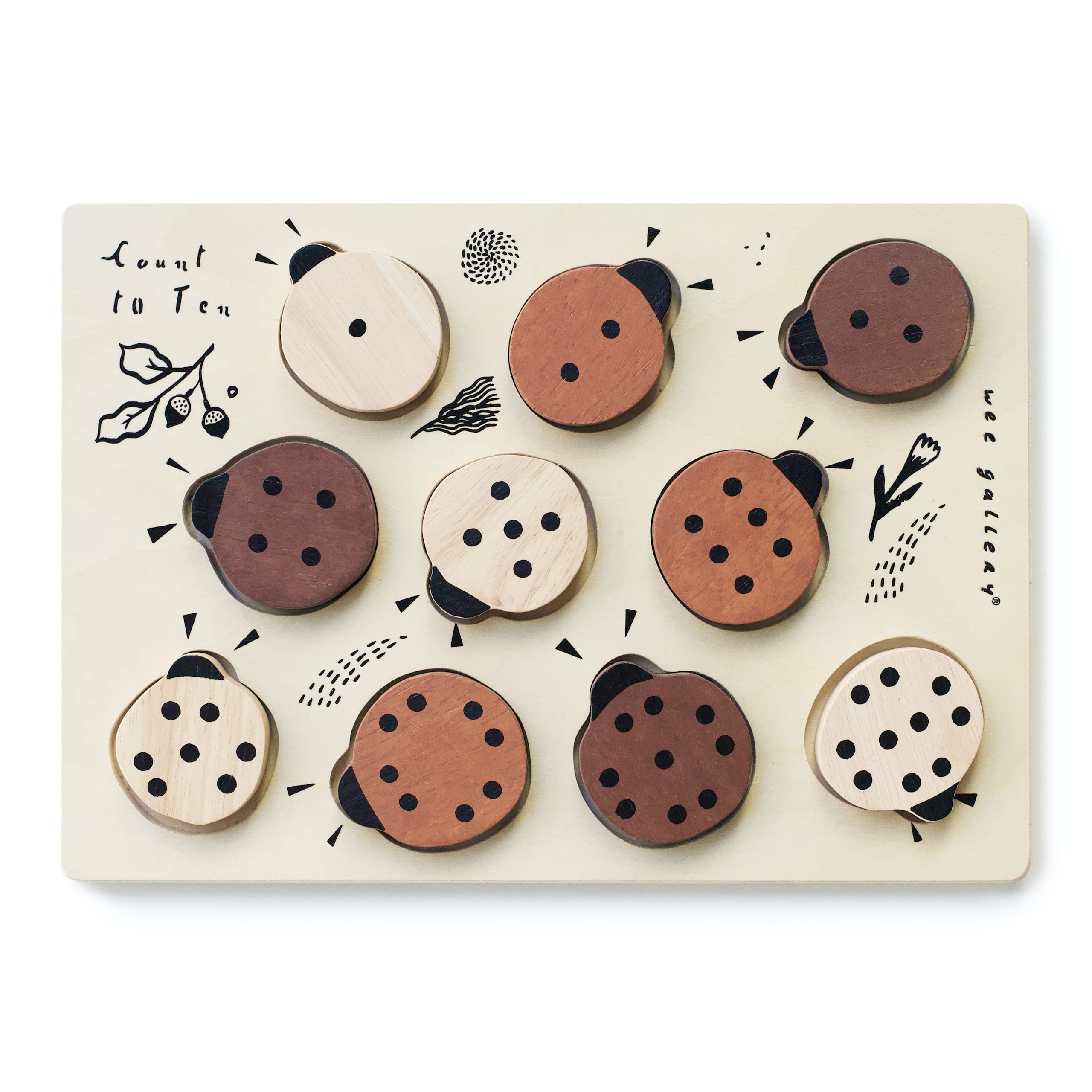 Wee Gallery Wooden Tray Puzzle Count to Ten Ladybugs - Montessori Toys for Early Learning & Fine Motor Skill Development - Sustainable Educational Toys for Kids - (10x 7 Inches)