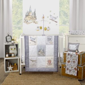 warner brothers harry potter magical moments grey and white hogwarts 3 piece nursery mini crib bedding set - comforter and two fitted mini crib sheets