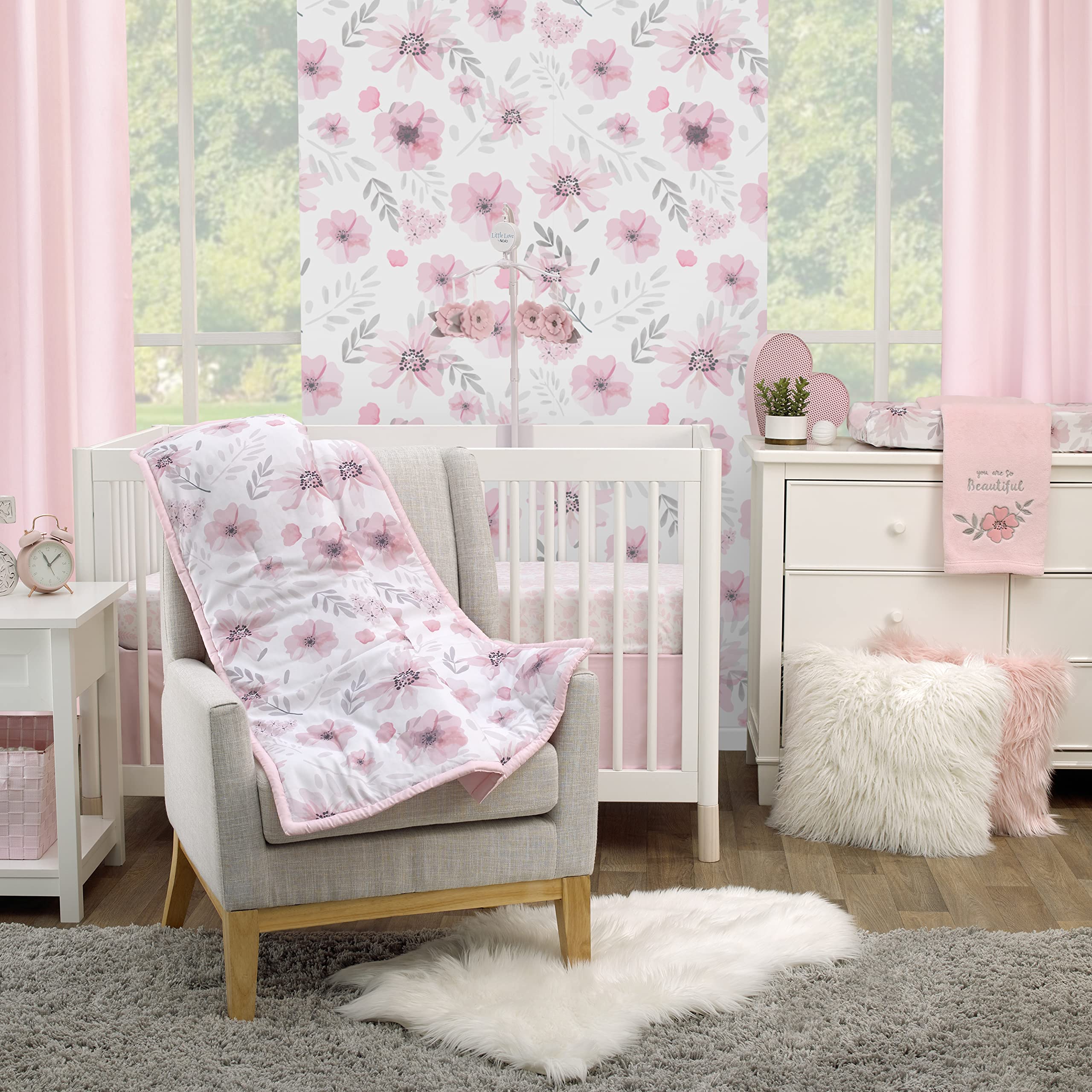 Little Love by NoJo Beautiful Blooms Pink, White, and Grey Floral 3 Piece Nursery Crib Bedding Set - Comforter, Fitted Crib Sheet and Crib Skirt