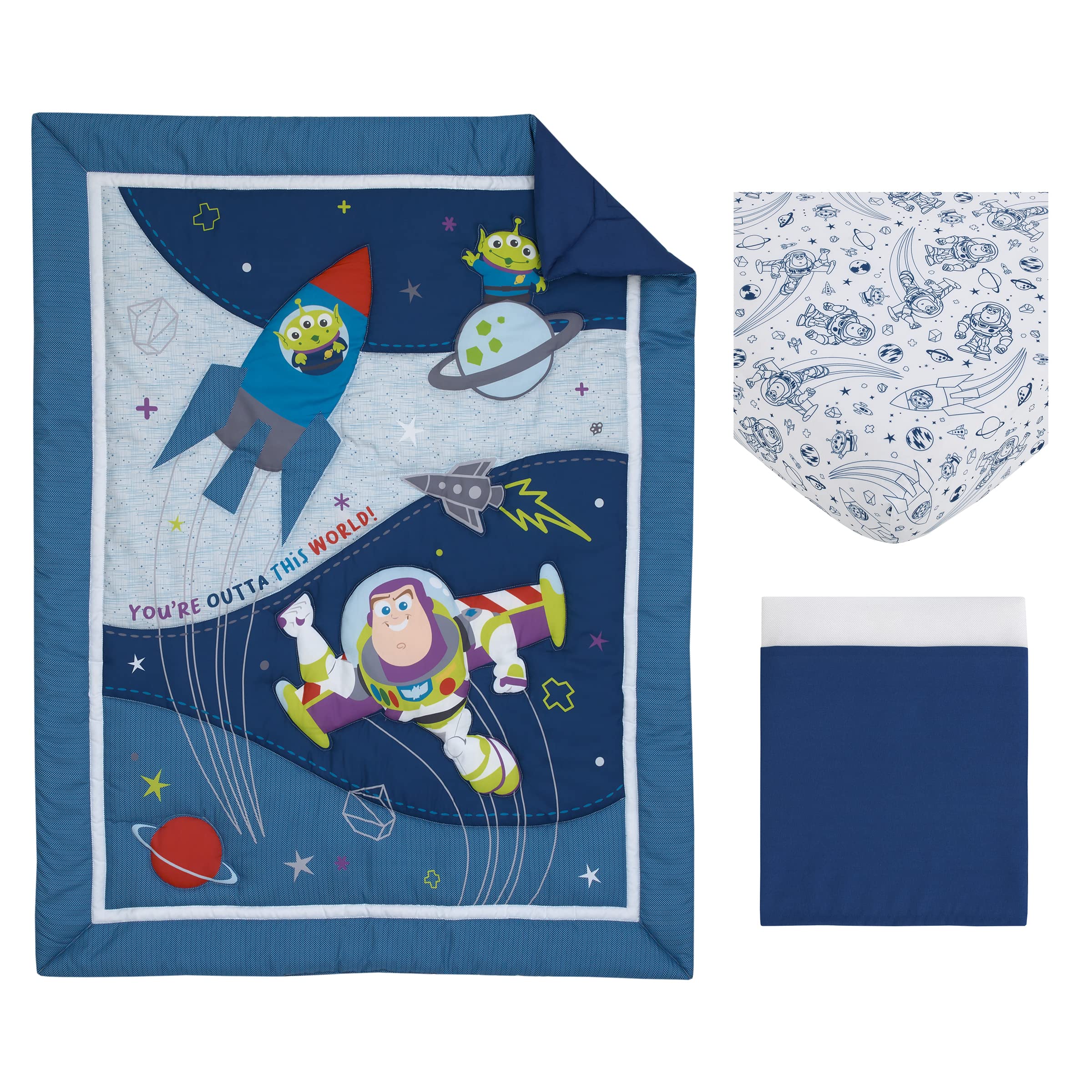 Disney Toy Story Outta This World Blue and Gray 3 Piece Nursery Crib Bedding Set - Comforter, Fitted Crib Sheet, and Crib Skirt