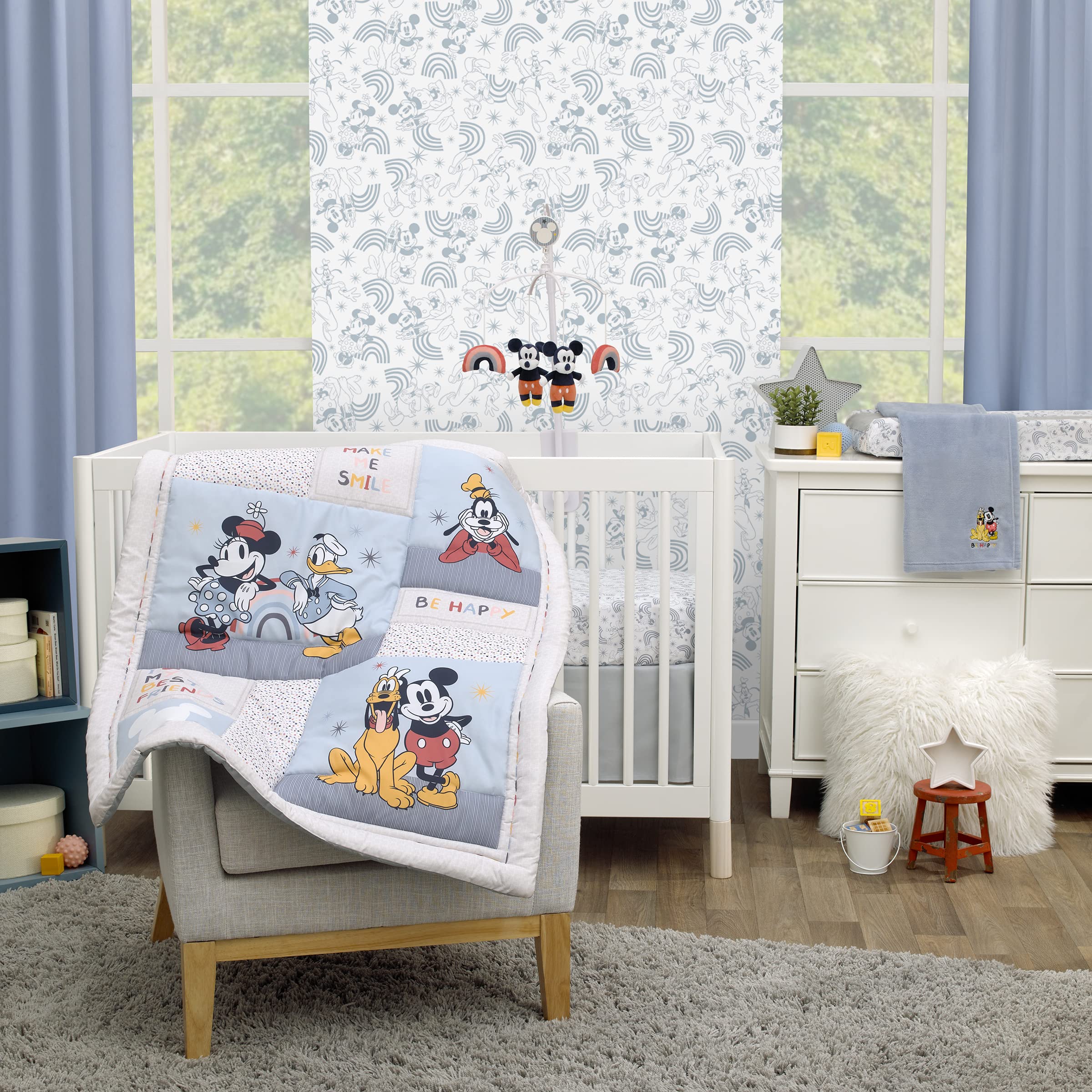 Disney Mickey and Friends Grey, Blue, Gold and Red Mickey Mouse, Minnie Mouse, Donald Duck, Pluto and Goofy 3 Piece Nursery Crib Bedding Set - Comforter, Fitted Crib Sheet and Crib Skirt