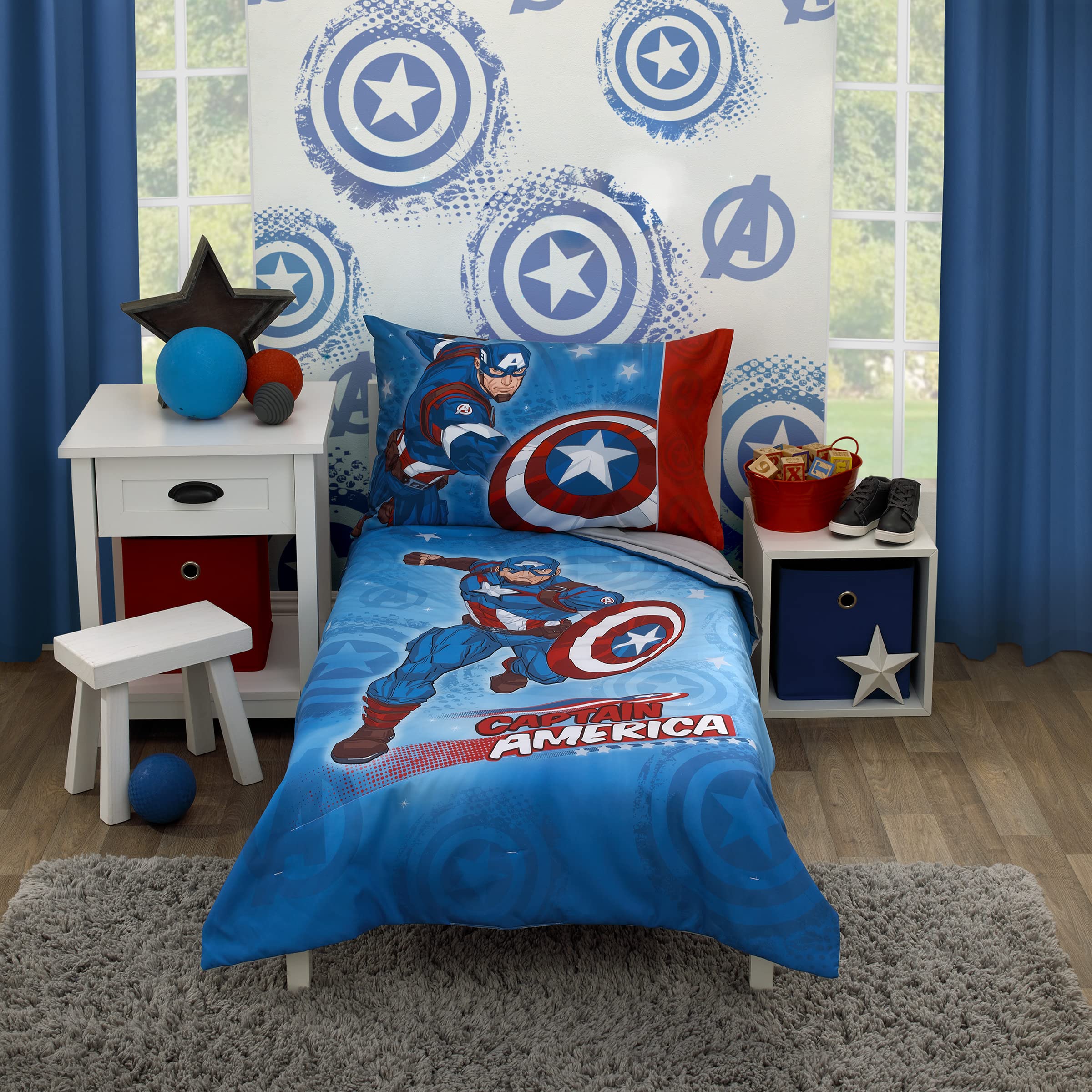 Marvel Captain America Red, White, and Blue 4 Piece Toddler Bed Set - Comforter, Fitted Bottom Sheet, Flat Top Sheet and Reversible Pillowcase