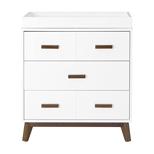 Babyletto Scoot 3-Drawer Changer Dresser with Removable Changing Tray in White and Natural Walnut, Greenguard Gold Certifie