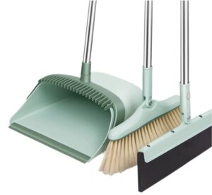 broom and dustpan combo set,dustpan broom sweep set broom dust pan set 180°rotating head broom scraping teeth floor squeegee for home kitchen room office lobby cleaning three piece (macha green)