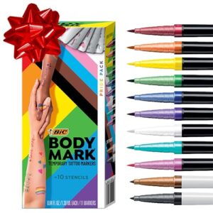 bic bodymark temporary tattoo markers for skin, pride pack, flexible brush tip, 11-count pack of assorted colors, skin-safe, cosmetic quality