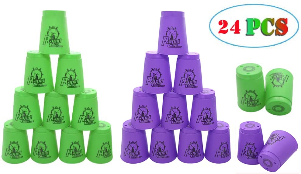 Tocypho 24 Pack Quick Stack Cups Set Plastic Sports Stacking Cups Training Game for Travel Party Challenge Competition (Purple&Green)