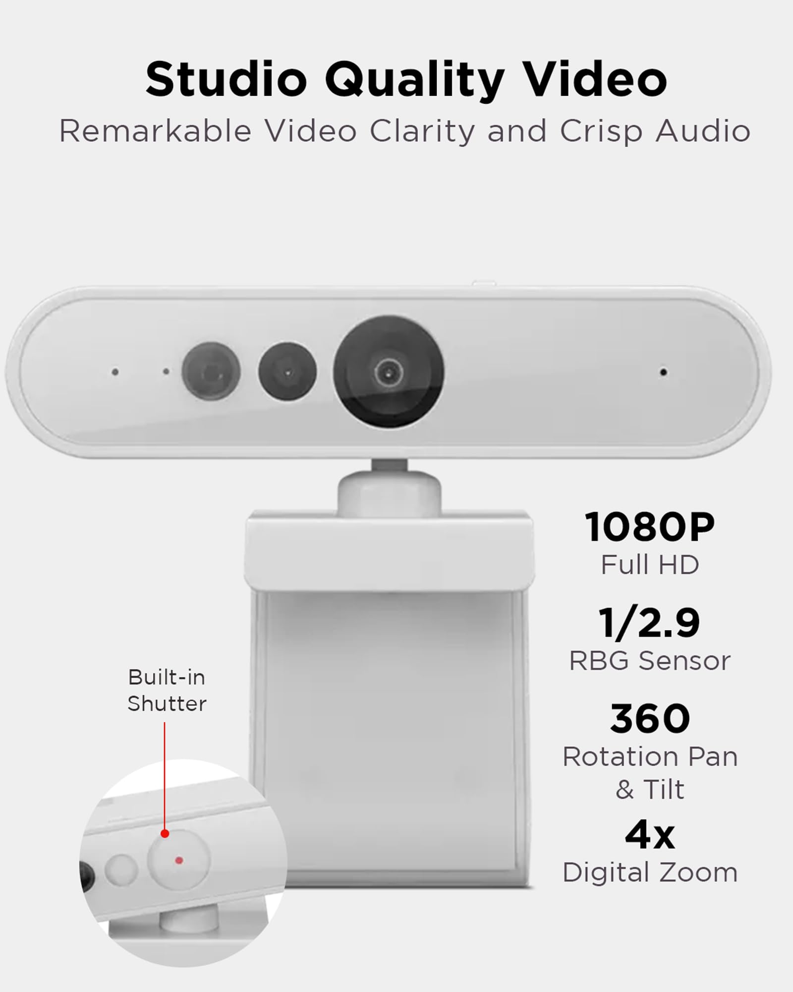 Lenovo HD 1080p Webcam (510 FHD) - Monitor Camera with 4X Digital Zoom, 95° Wide Angle, 360° Rotation Pan & Tilt - Desktop Cam with Dual Microphones & Windows Hello for Livestreaming & Conferences