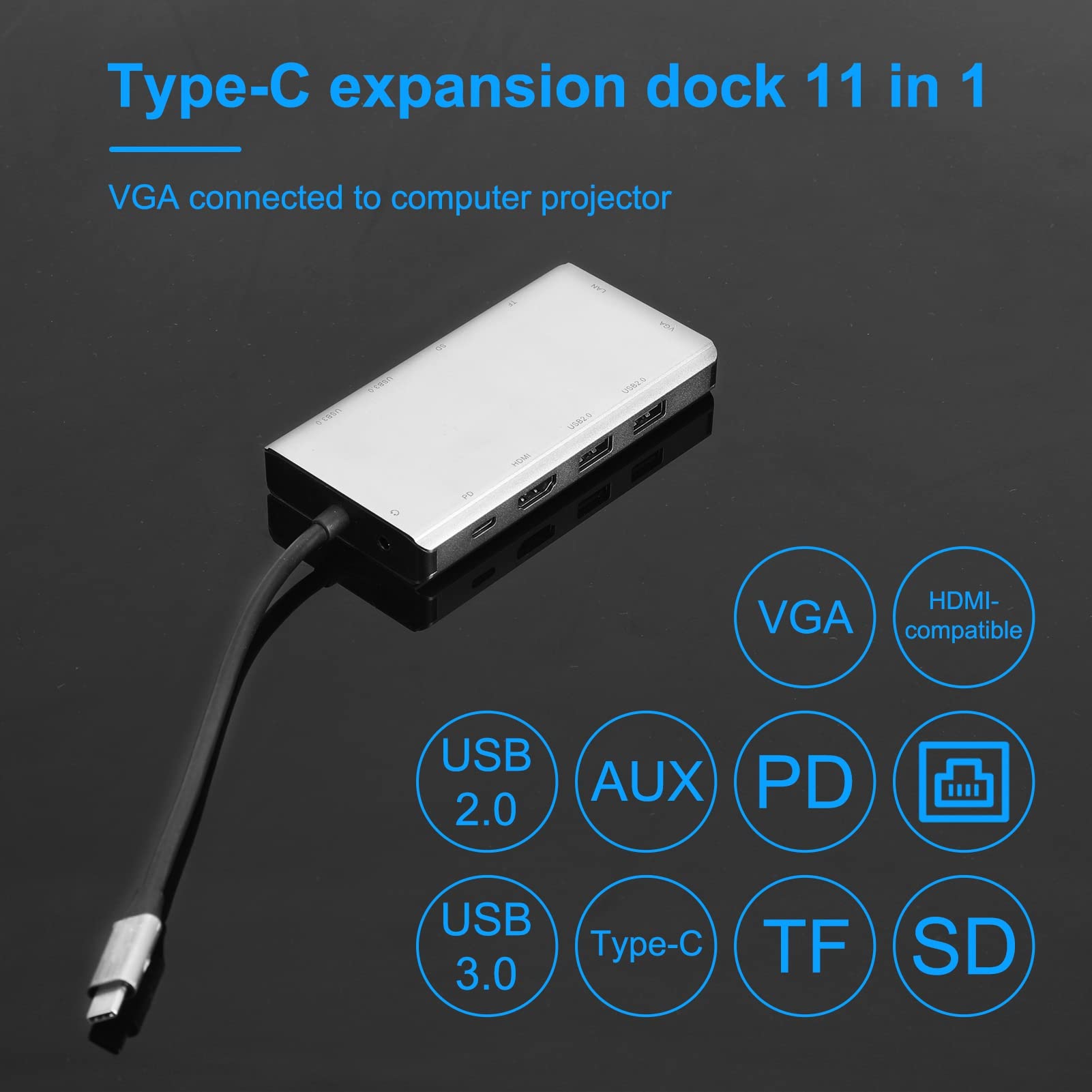 GIFZES USB Hub 3.0, USB C Adapter and 11-in-1 Docking Station, 11-in-1 USB C Hub Universal Type-C Adapter Dongle Mini Docking Station with 4 USB Ports SD/TF Card Reader VGA for MacBook Type-C Laptops