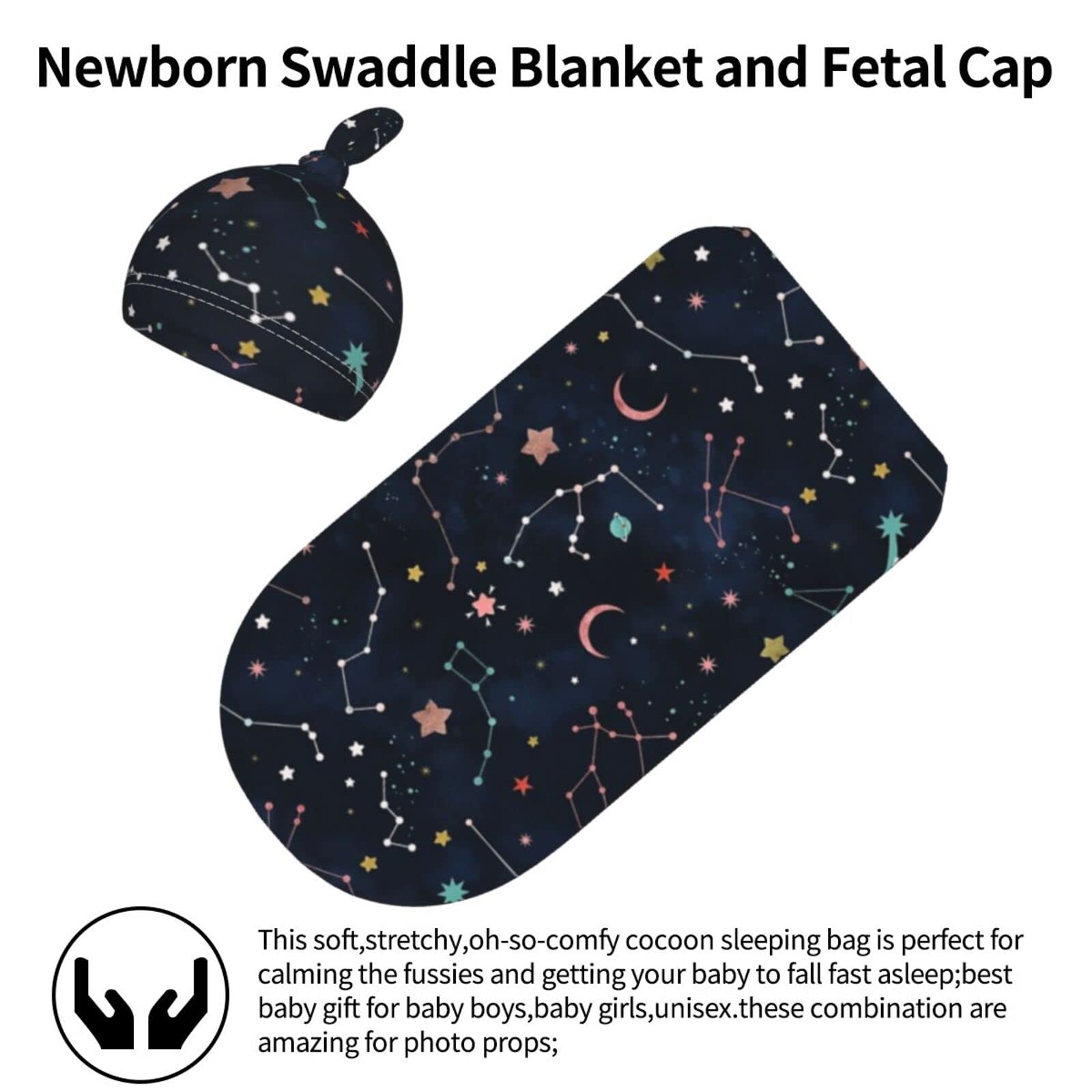 Space Galaxy Constellation Swaddle with Beanie Set, Soft and Stretchy Space Baby Stuff Blanket Swaddle Sleep Sack for Newborn Boy and Girl