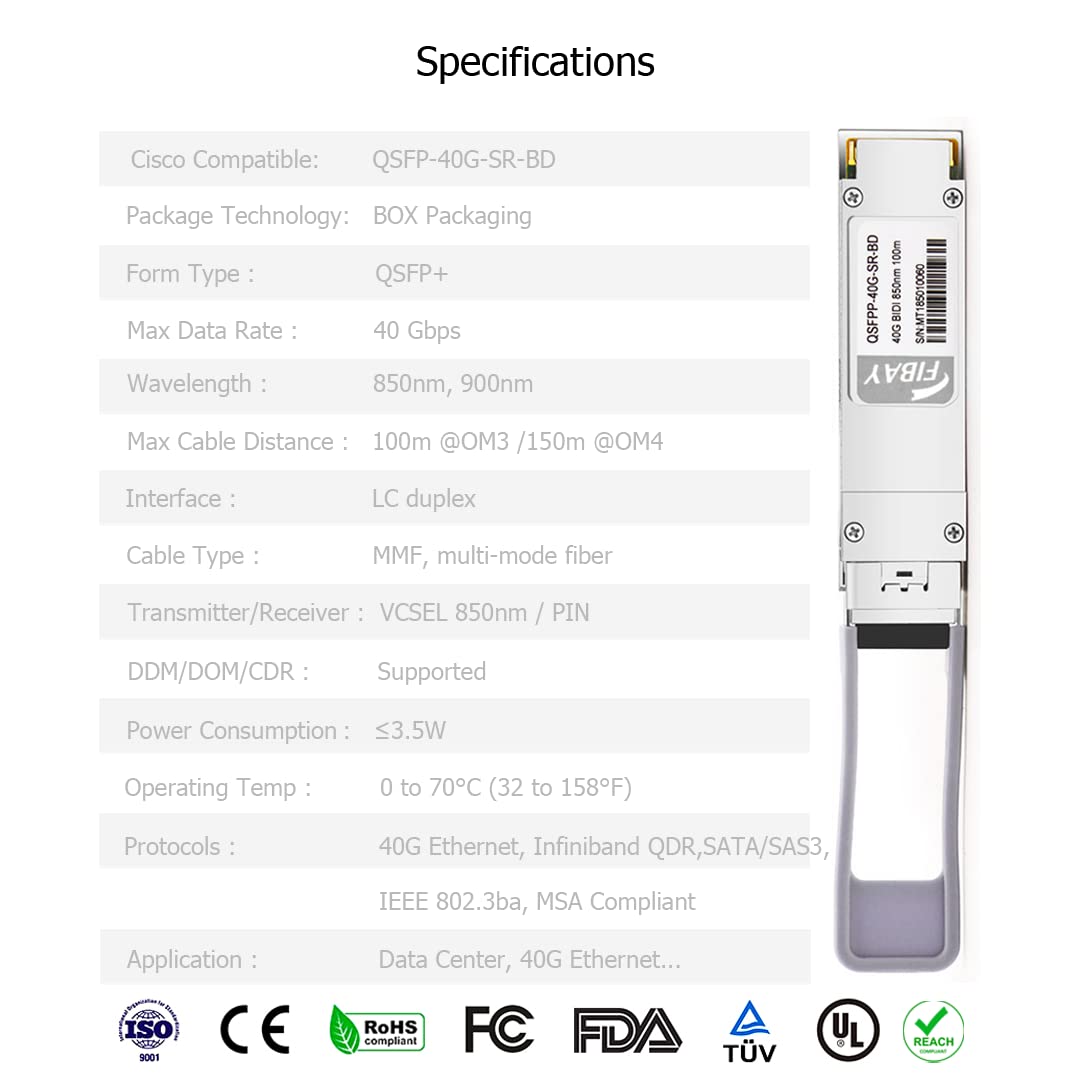 OPSTRAN 40GBASE-SR BiDi QSFP+ Optical Transceiver Module Compatible with Cisco QSFP-40G-SR-BD Meraki MA-QSFP-40G-SR-BD 40GBASE-SR Bi-Directional MMF 832nm - 918nm 150m Duplex LC