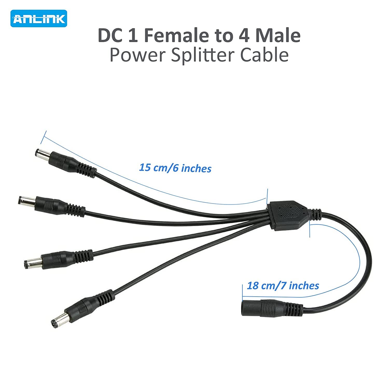 ANLINK 2 Pack Black 1 Female to 4 Male 5.5mm*2.1mm DC Power Splitter Cable, 1 to 4 Way DC Power Output Y Adapter Cable Cord for CCTV Cameras Router LED Light Strip and More (2 Pack, 1 to 4 Way)