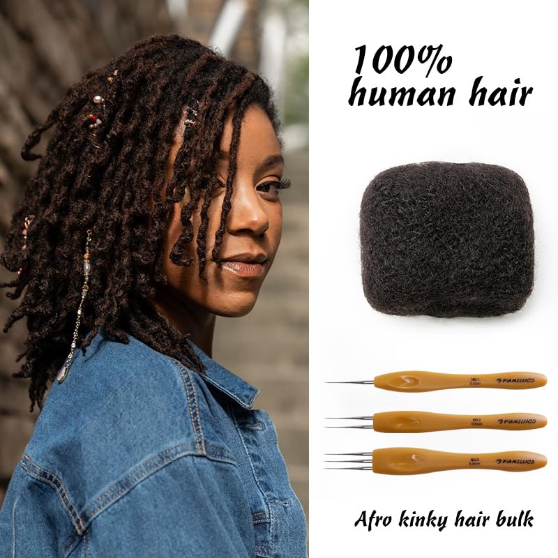 FAMILOCS Afro Kinky Bulk Human Hair for Draedlock Extensions, Repair Locs, Twists and Braids (8 Inch 30g/1oz, Natural black #1B)