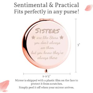 kuukzuuk Sister Gifts from Sisters, Sisters are Like Stars Gorgeous Rose Gold Compact Mirror Unique Friendship Gift for Women Girls Sisters for Women