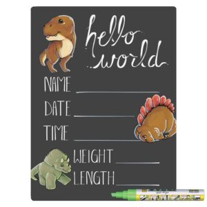 cohas hello world newborn baby announcement chalkboard sign with dinosaur theme, 9 by 12 inches, green marker