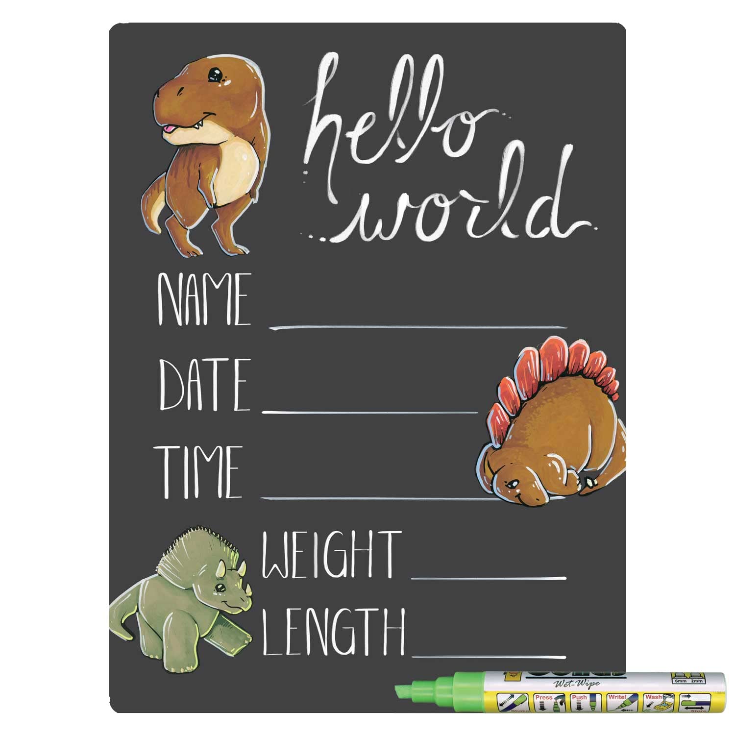 Cohas Hello World Newborn Baby Announcement Chalkboard Sign with Dinosaur Theme, 9 by 12 Inches, Green Marker