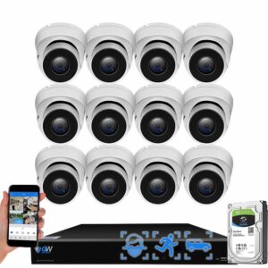 gw security 16 channel poe 12mp nvr ultrahd 4k smart ai security camera system with 12 x 8mp ip microphone dome camera, 100ft night vision, face/human/vehicle detection waterproof surveillance camera