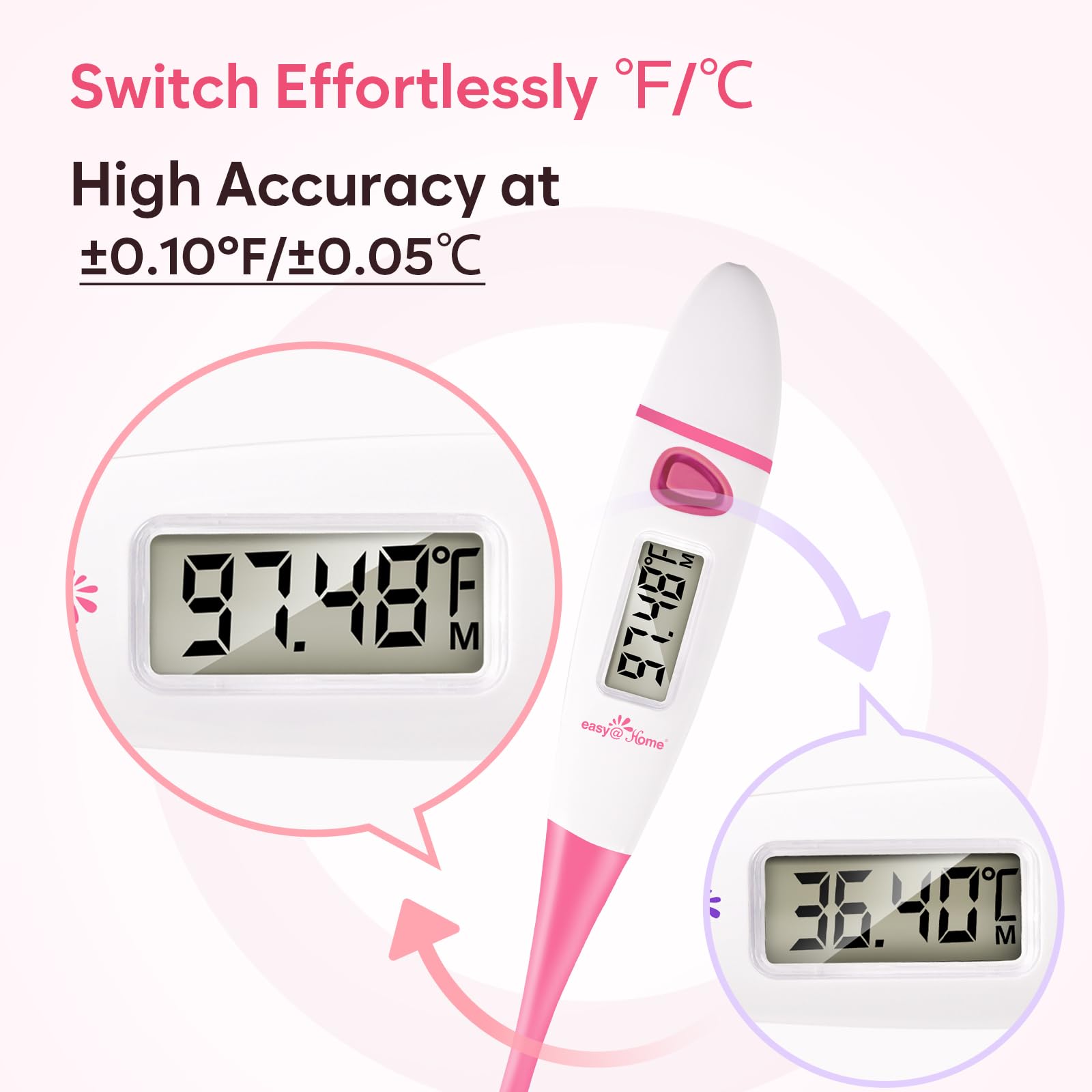 Easy@Home Basal Body Thermometer: BBT for Fertility Prediction with Memory Recall - Accurate Digital Basal Thermometer for Temperature Monitoring with Premom App - EBT-018 (Pink)