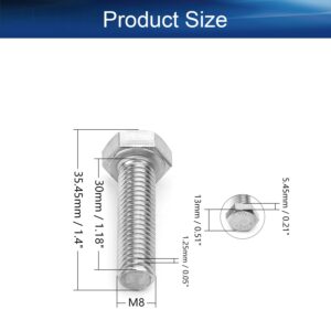 Bettomshin 10Pcs M8 x 30mm Hex Bolts, 304 Stainless Steel 1.25mm Thread Pitch Fully Threaded Metric Hex Head Screw Bolts, Hexagon Screw Bolt, Hex Tap Bolts, Silver (Overall Size 35.45x13x13mm)