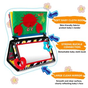 beetoy Tummy Time Baby Mirror Toys Newborn Infant Sensory Toys with Crinkle Cloth Book & Teethers, High Contrast Developmental Baby Mirror Crawling Toys 0 3 6 12 Months