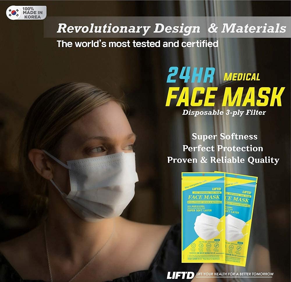 [Made in Korea] Lift’D 3-Layer WHITE Medical Face Masks - 50 Masks, Super Soft, Odorless, Non- Skin Irritation Non- Woven Fabric, Comfortable Elastic Earloop, Protection Covering