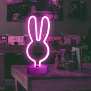 Easter Decorations Rabbit Lights Neon Signs, Creative Bunny Neon Lights with Base Battery/USB Operated Rabbit Stuff for Home, Nursery Room, Baby Teen Kids Girls Bedroom, Spring Decor (Rabbit-Pink)