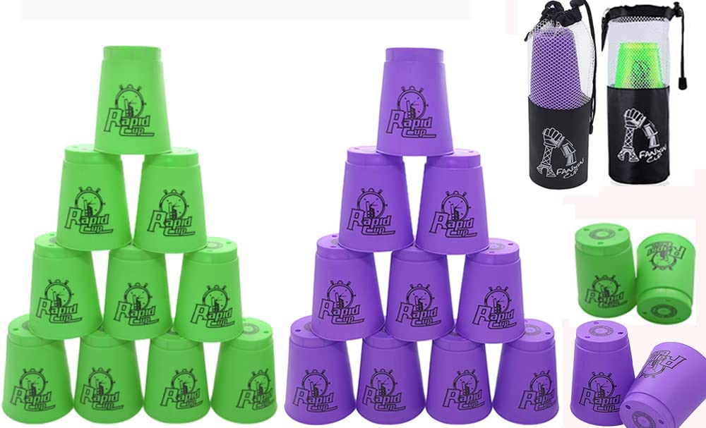 Tocypho 24 Pack Quick Stack Cups Set Plastic Sports Stacking Cups Training Game for Travel Party Challenge Competition (Purple&Green)