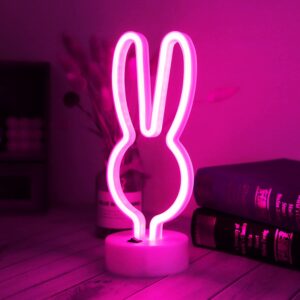 Easter Decorations Rabbit Lights Neon Signs, Creative Bunny Neon Lights with Base Battery/USB Operated Rabbit Stuff for Home, Nursery Room, Baby Teen Kids Girls Bedroom, Spring Decor (Rabbit-Pink)