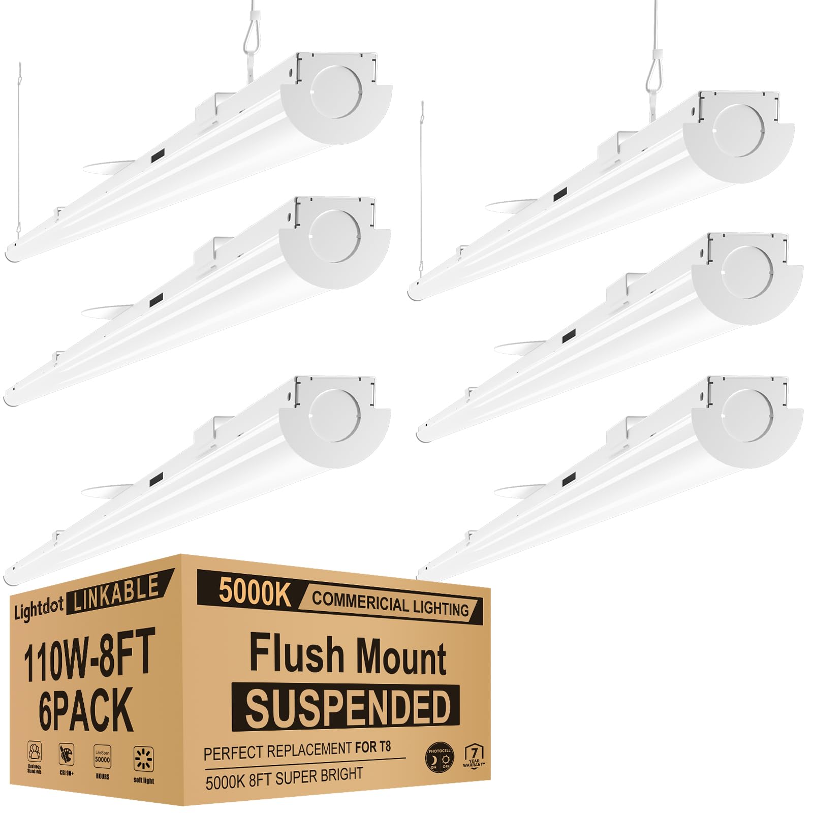 bulbeats 8FT LED Shop Lights, Suspend or Flush Mount 8' LED Shop Light Fixtures, 110W 14500LM[Eqv. to 440W HPS/WH] 5000K Commercial Shop Lights Fixtures for Workshop/Garage/Office/Warehouse