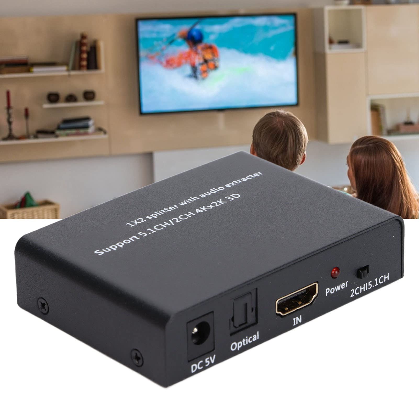 4K HD Multimedia Interface Splitter, Easy to Install DAC Chip Black Iron Box Audio Converter 5.1CH/2CH with Status Indicator Lamp for HDTV