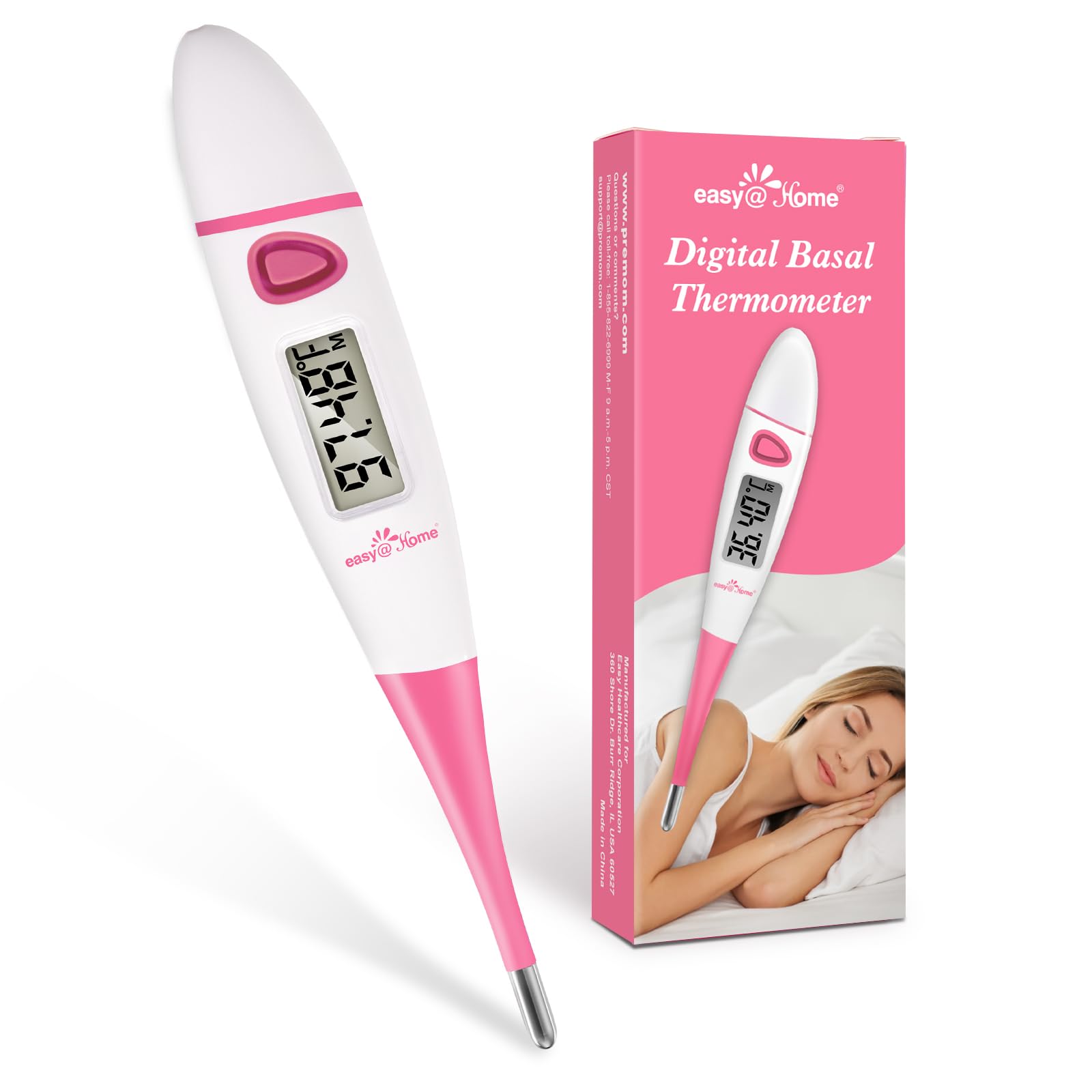 Easy@Home Basal Body Thermometer: BBT for Fertility Prediction with Memory Recall - Accurate Digital Basal Thermometer for Temperature Monitoring with Premom App - EBT-018 (Pink)