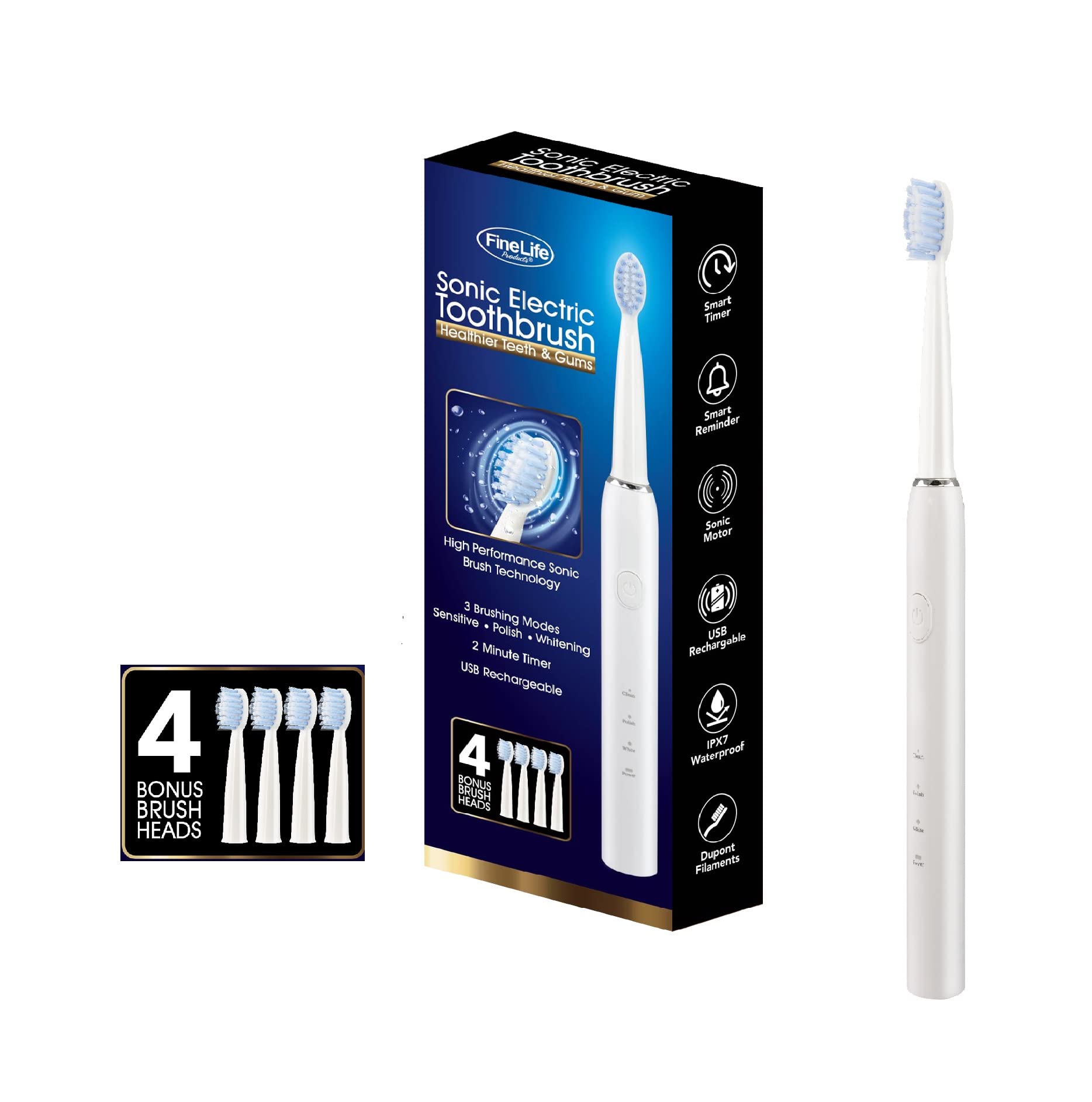 FineLife Products 3 Modes Sonic Power Electric Toothbrush for Healthier Teeth and Gums - USB Rechargeable - 19000 Rotation Per Minute with 4 Bonus Brush Heads, Oral Care Whitening - White