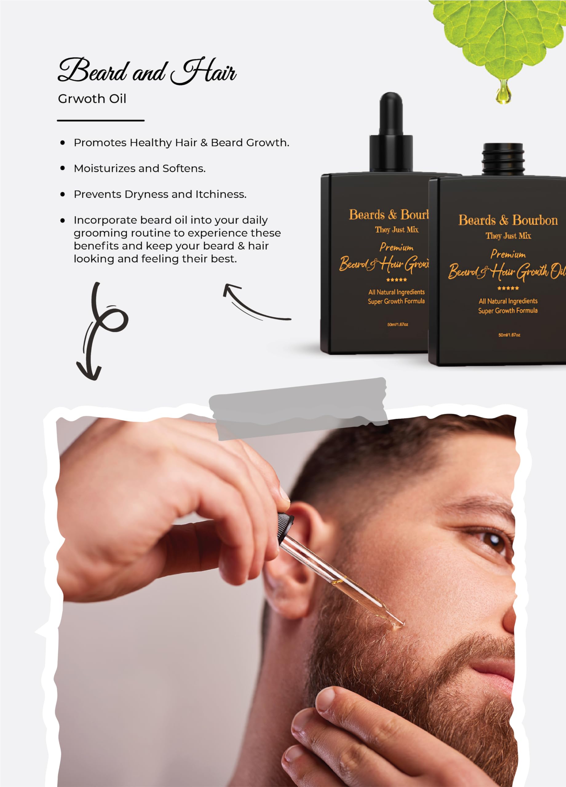 Beards & Bourbon's Luxurious Beard and Hair Growth Oil - Infused with Ginger, Lavender, Peppermint, Tea Tree, and Rosemary Oils for Stimulating Growth in a 1.6 oz Powerhouse!