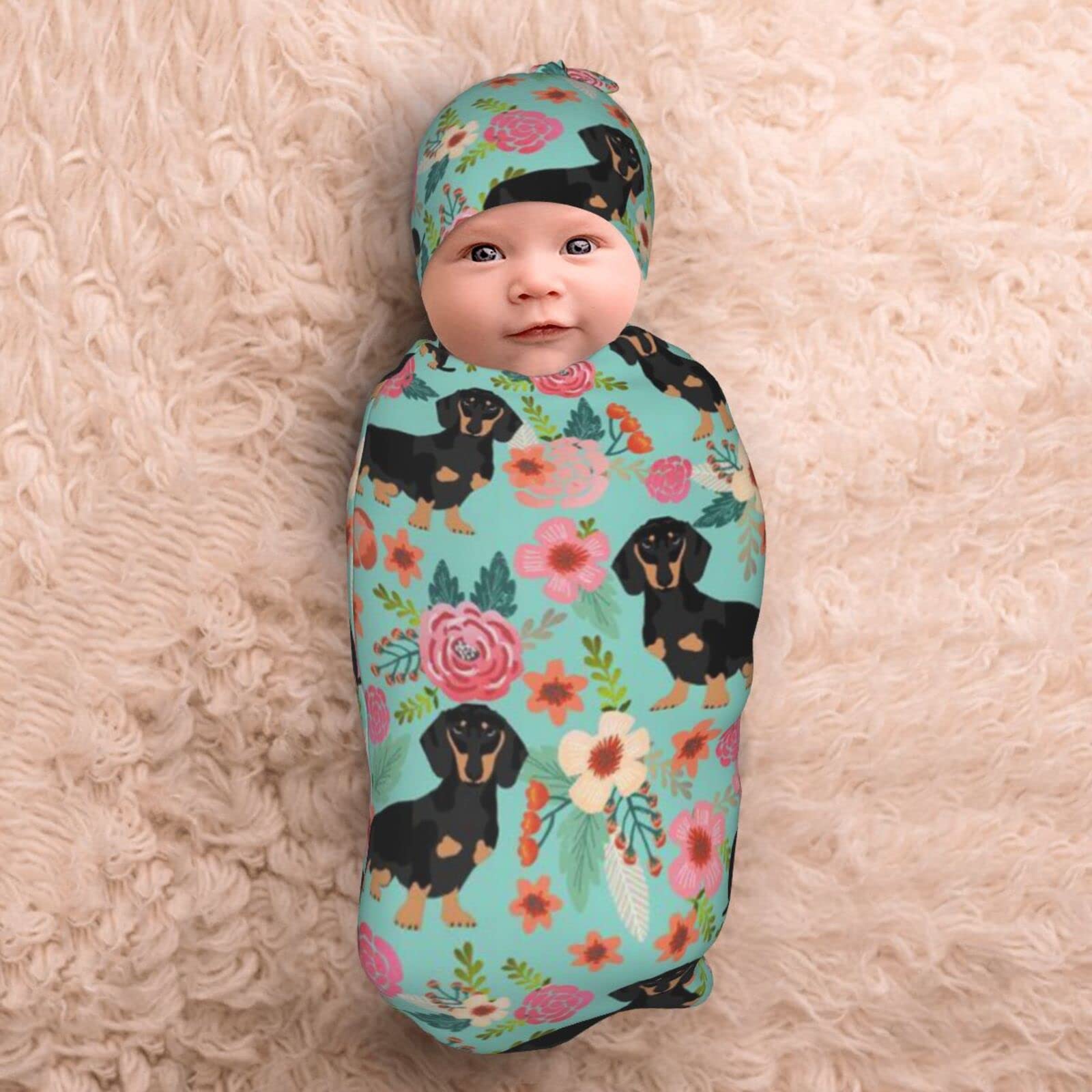 Dog Dachshund Baby Stuff Newborn Swaddle Blanket Sleep Sack Baby Wrap Baby Blanket Soft Stretchy Sack with Beanie Hat Sets for Infant Boy Girl