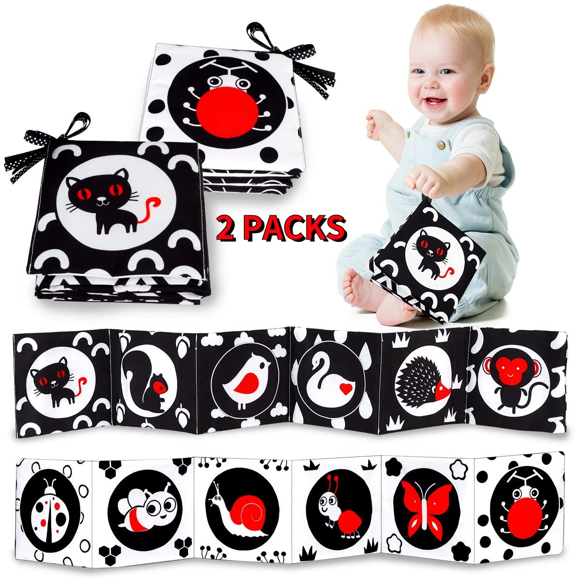 Baby Toys 0-6 Months - Montessori Sensory Toys for Babies 0 3-6 9 Months - 2 Packs Black and White High Contrast Soft Book for Early Learning - Tummy Time Infant Newborn Toys Boys Girls Baby Gifts