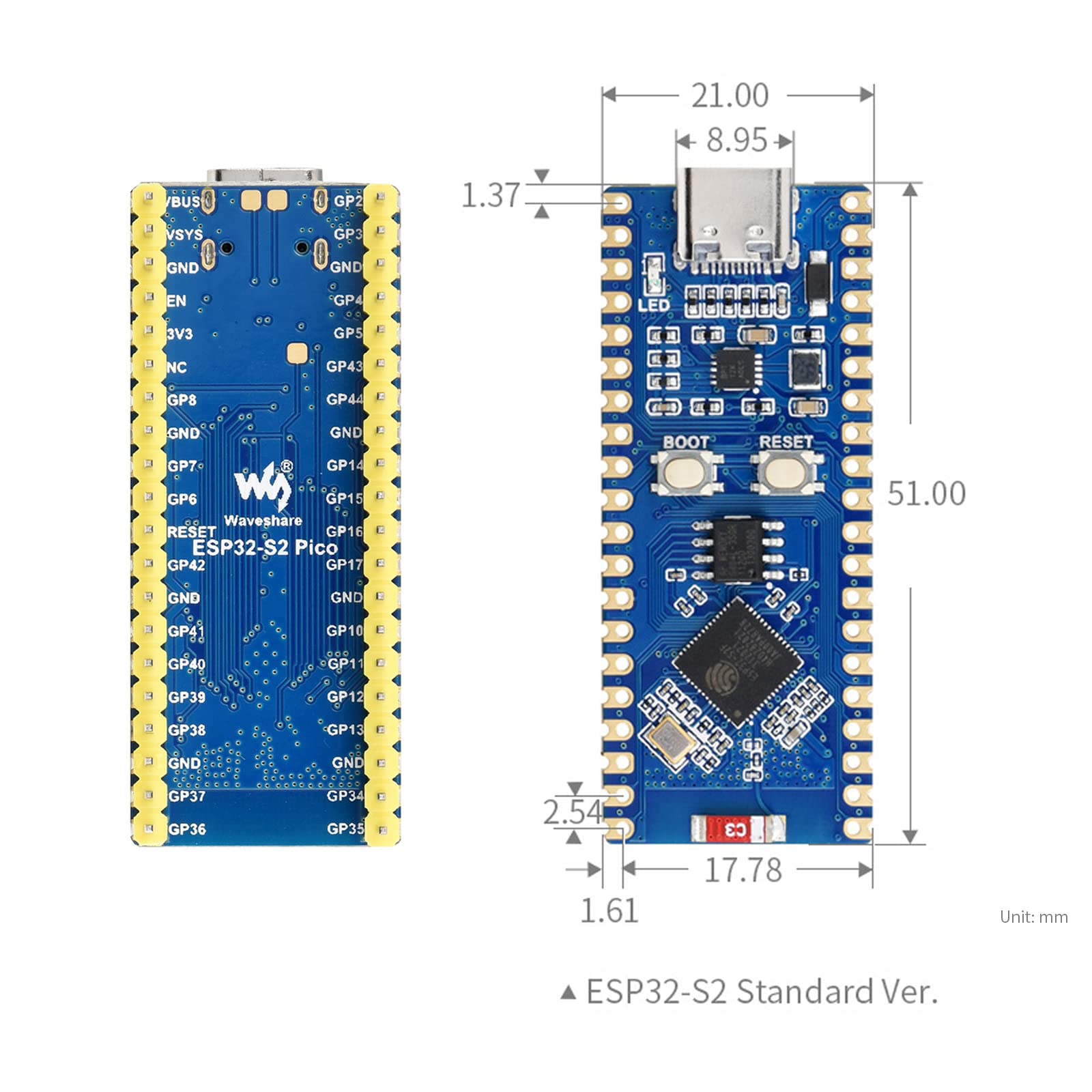 Waveshare ESP32-S2 MCU WiFi Entwicklungs Board 2.4GHz Low Power WiFi 240MHz Single Core 32-bit Wi-Fi MCU Modul für IoT, Integrierter 320KB SRAM 4MB Flash, Unterstützt IEEE802.11 b/g/n