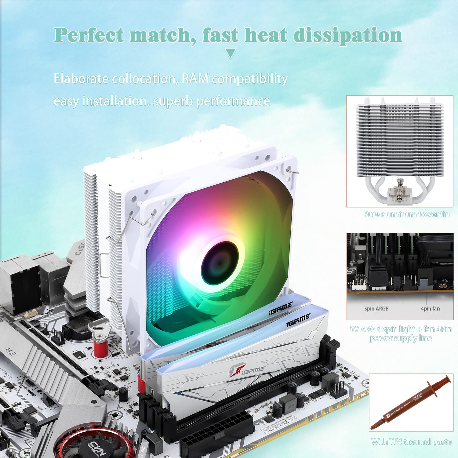 Thermalright AssassinX120 SE ARGB White CPU Air Cooler, AX120 SE ARGB, 4 Heat Pipes, TL-C12CW-S PWM Quiet CPU Fan with S-FDB Bearing, for AMD AM4/AM5/Intel 1700/1150/1151/1200