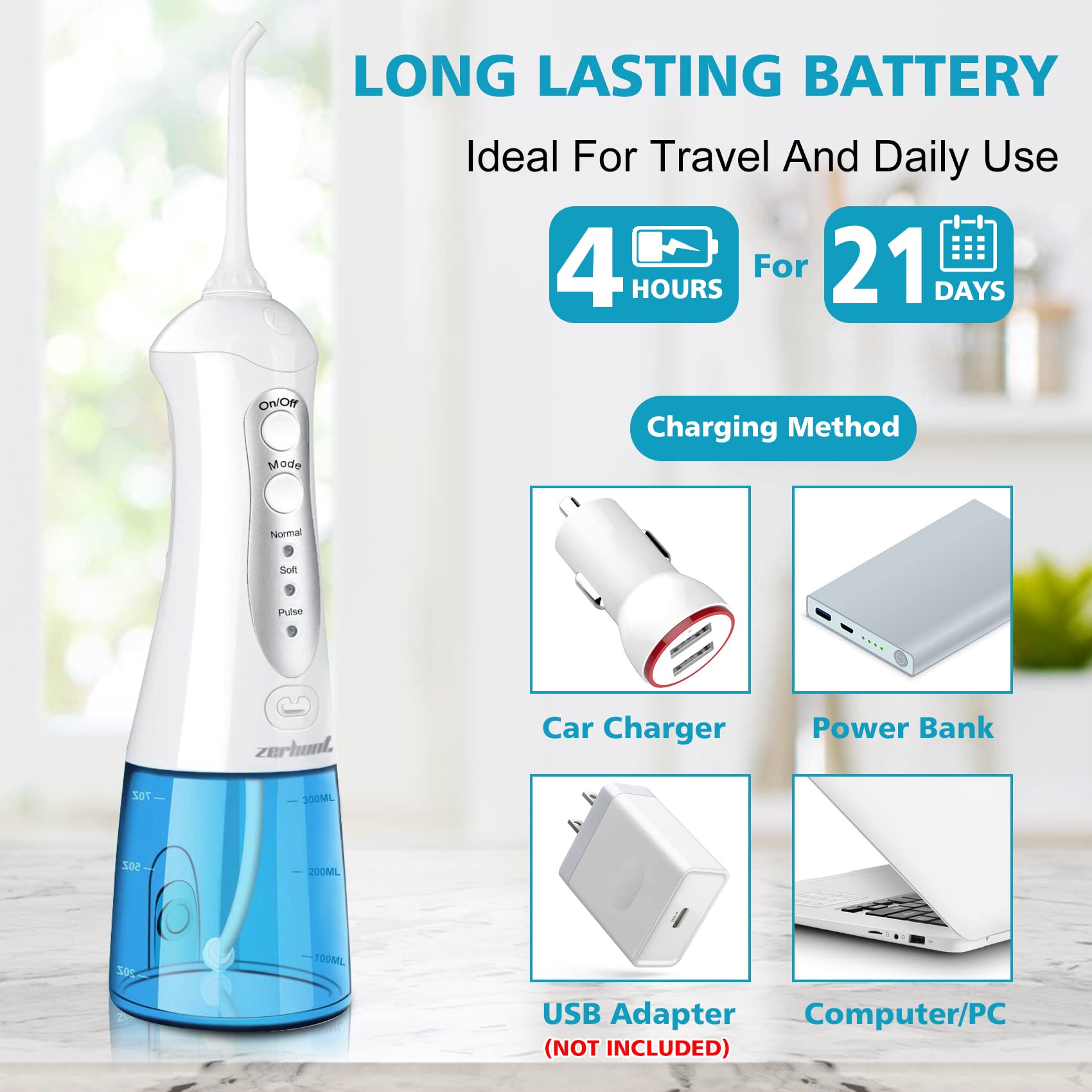 Water Flosser Cordless Teeth Cleaner, Professional Wate Flosser Oral Care for Braces Bridges Care IPX7 Waterproof Dental Flosser with 4 Interchangeable Jet Tips, Detachable Water Tank for Home Travel