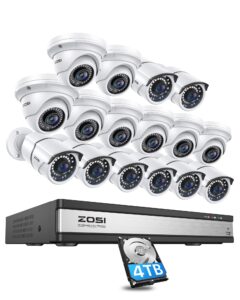 zosi 4k 16ch poe home security cameras system,4k 8mp 16ch h.265 cctv nvr with 4tb hdd and 16 x 5mp indoor outdoor poe ip bullet dome cameras with night vision,remote access for 24/7 recording