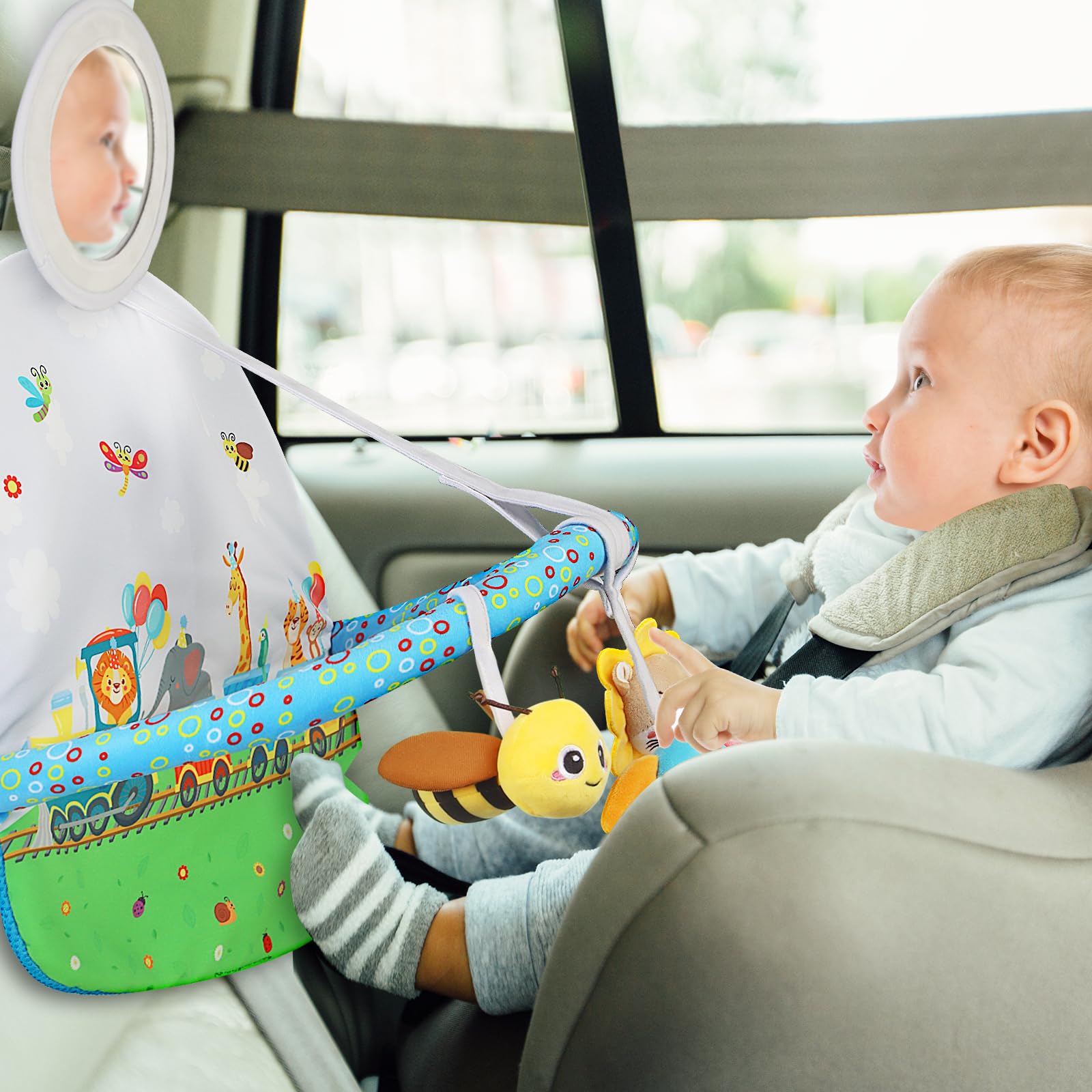 Baby car seat toy for travel with Rear Mirror, Car seat Double Sided Arch activity center Hanging Squeaky toy for infant 0-36 Months