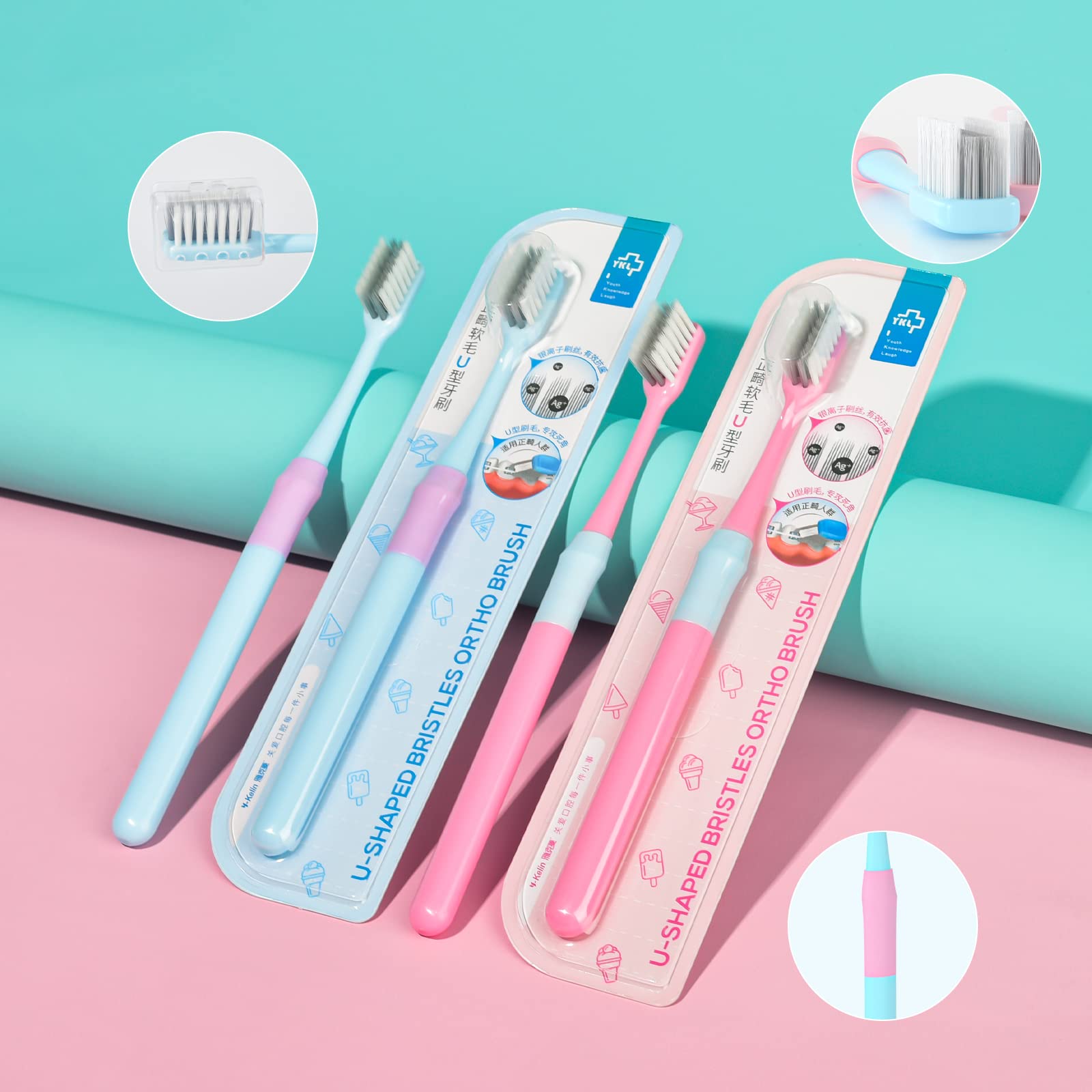 Y-Kelin U-Shaped Orthodontic Toothbrush for Braces, Soft Bristle Brush(4pcs) with L Interdental Brush(10pcs), Cepillo Ortodoncia