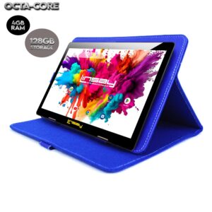 linsay 10.1" high end octa core 4gb ram 128gb storage android 13 google certified tablet with blue leather case, pop holder and pen stylus