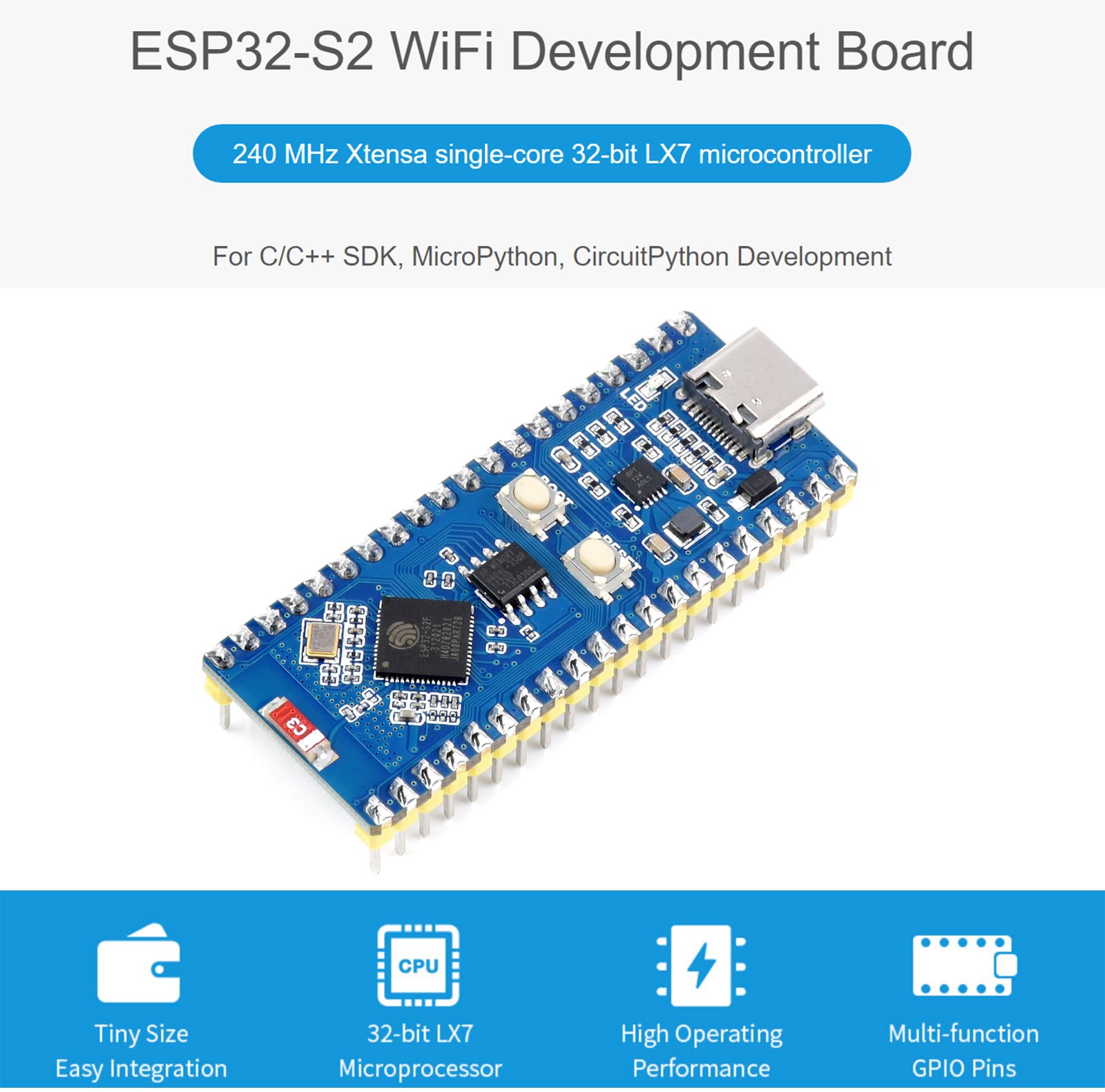 Waveshare ESP32-S2 MCU WiFi Entwicklungs Board 2.4GHz Low Power WiFi 240MHz Single Core 32-bit Wi-Fi MCU Modul für IoT, Integrierter 320KB SRAM 4MB Flash, Unterstützt IEEE802.11 b/g/n