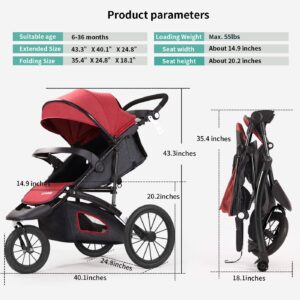 Baby Jogging Stroller for Toddler Kids Compact Single City Jogger Strollers All Terrain Jog 3 Wheels Pushchair Expedition with Parent Console (Red)