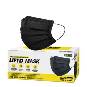 [made in korea] lift’d 3layer black disposable face masks super lightweight odorless nonskin irritation nonwoven fabric breathable comfortable elastic ear loop 3layer filter protection 50 masks