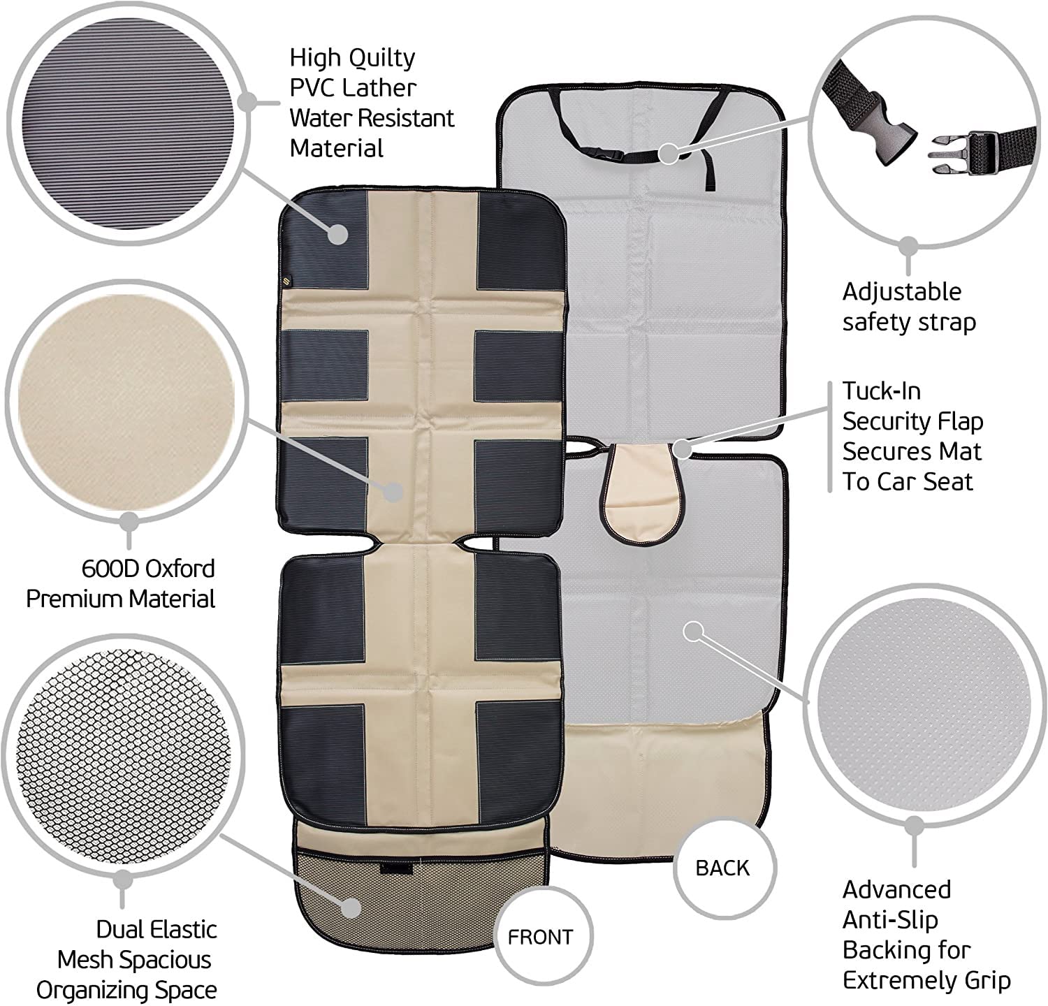 Kaiphy Car Seat Protector - Thick Padding - Durable, Waterproof Fabric, Leather Reinforced Corners (Beige, XL)