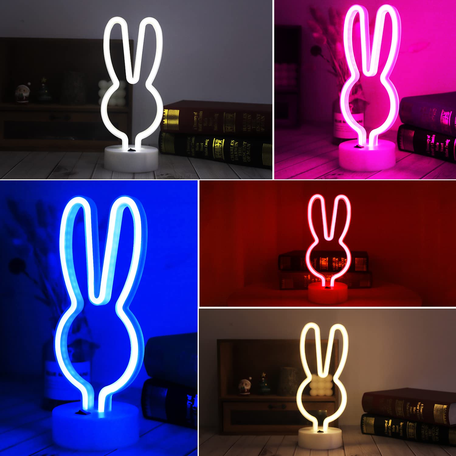 Easter Decorations Rabbit Lights Neon Signs, Creative Bunny Neon Lights with Base Battery/USB Operated Rabbit Stuff for Home, Nursery Room, Baby Teen Kids Girls Bedroom, Spring Decor (Rabbit-Pink)