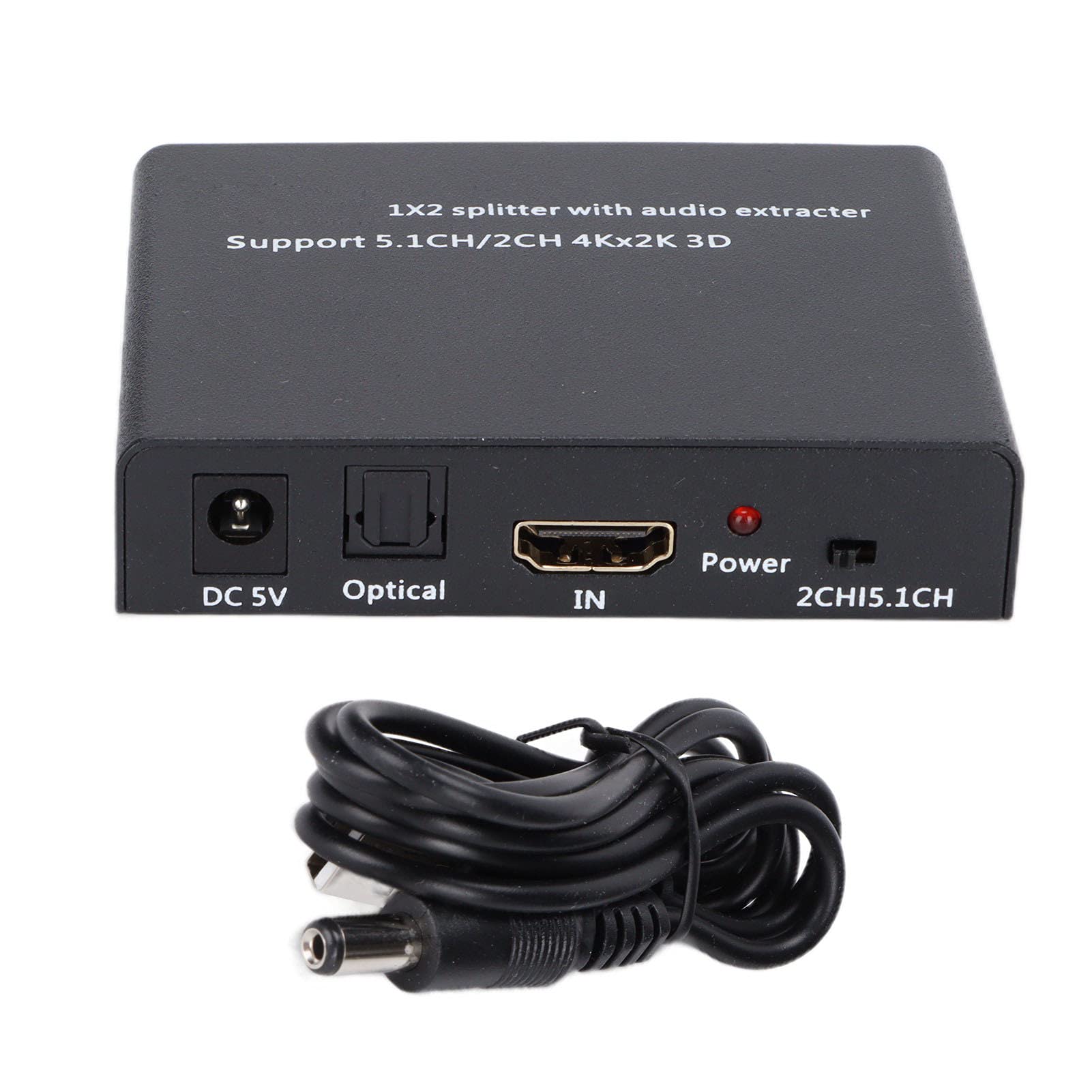 4K HD Multimedia Interface Splitter, Easy to Install DAC Chip Black Iron Box Audio Converter 5.1CH/2CH with Status Indicator Lamp for HDTV