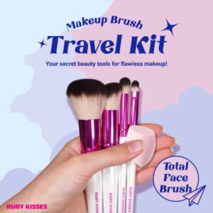 Ruby Kisses Makeup Brushes Travel Size Complexion Brush Set, Powder, Angled Buffer, Blending, Concealer Brush and Blending Sponge, Travel Friendly 5 PCS Set