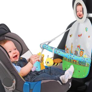 Baby car seat toy for travel with Rear Mirror, Car seat Double Sided Arch activity center Hanging Squeaky toy for infant 0-36 Months